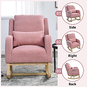NIOIIKIT Nursery Rocking Chair, Modern High Back Armchair with Side Pockets, Glider Rocker with Padded Seat, Lumbar Pillow and Wood Base, Accent Chair for Living Room, Bedroom (Pink Teddy)