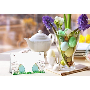 Table Place Card, Easter Tent Style Cards, Pack of 25 Half-Fold Reception Place Card, Cute Easter Egg Bunny, Easter Table Decor for Spring Wedding, Baby Shower, Dinner Party(F15)