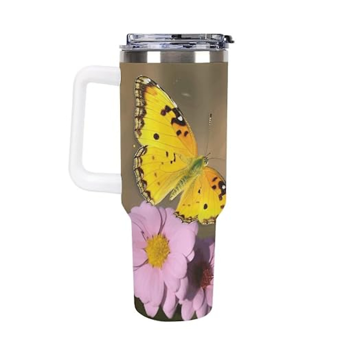 LLUTSNTH 40 Oz Vacuum Tumbler with White Handle Leakproof Insulated Tumbler Yellow Butterfly And Flower Stainless Steel Travel Mug with Lid And Straw Coffee Cup Cute Water Bottles Cup Holder Friendly