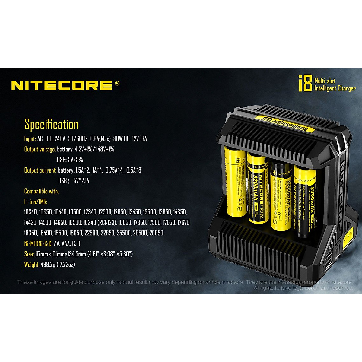 EdisonBright NITECORE i8 Eight Bays Smart Battery Charger for Li-ion/IMR/Ni-MH/Ni-Cd 26650 22650 18650 18490 18350 16340 RCR123 14500 AA AAA AAAA C D USB BBX3 Battery Carry case
