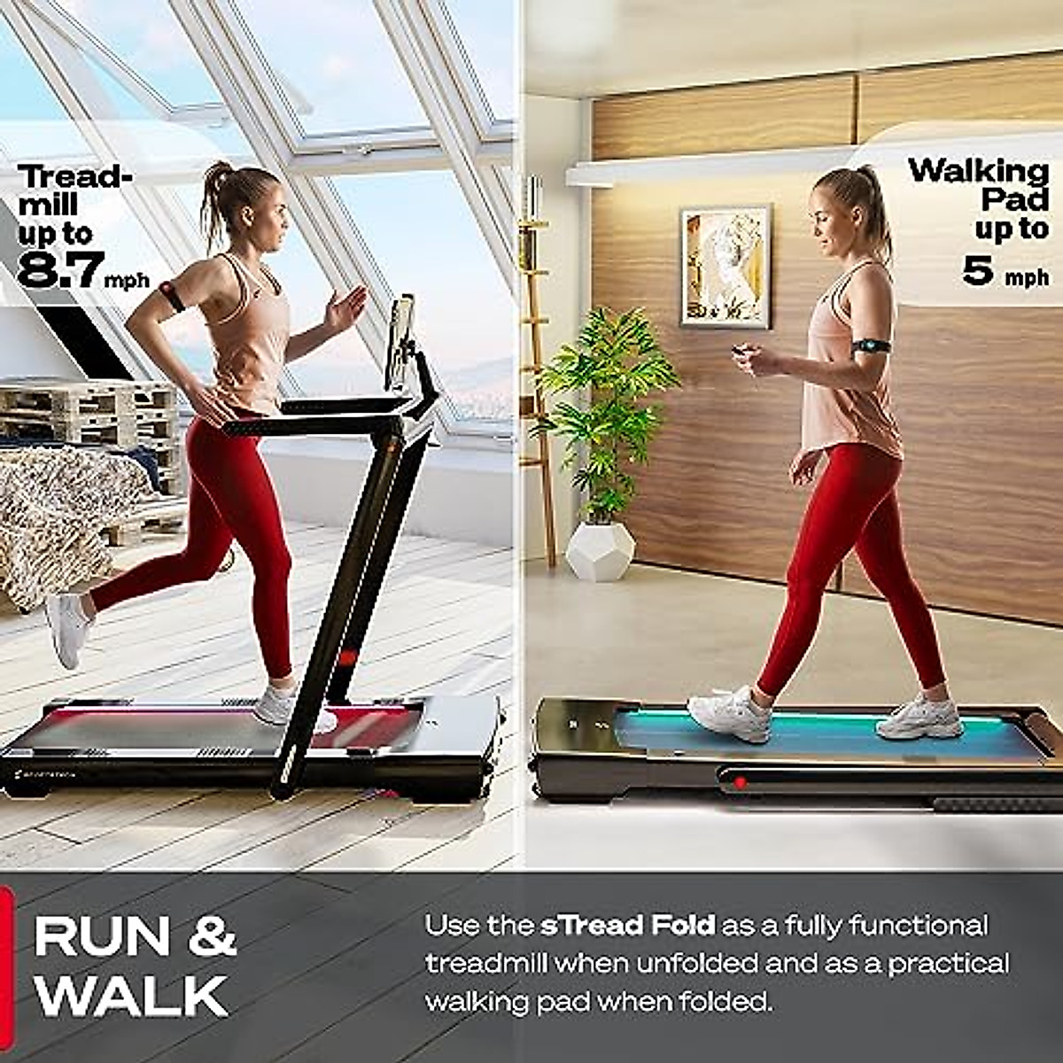 Sportstech 2 in 1 Treadmill + Walking Pad, Slim Portable Under Desk for Home & Office, Remote Control & Tablet Holder, Heart Rate LED Pulse, Fitness Live Workout App, Compact Folding, No Installation