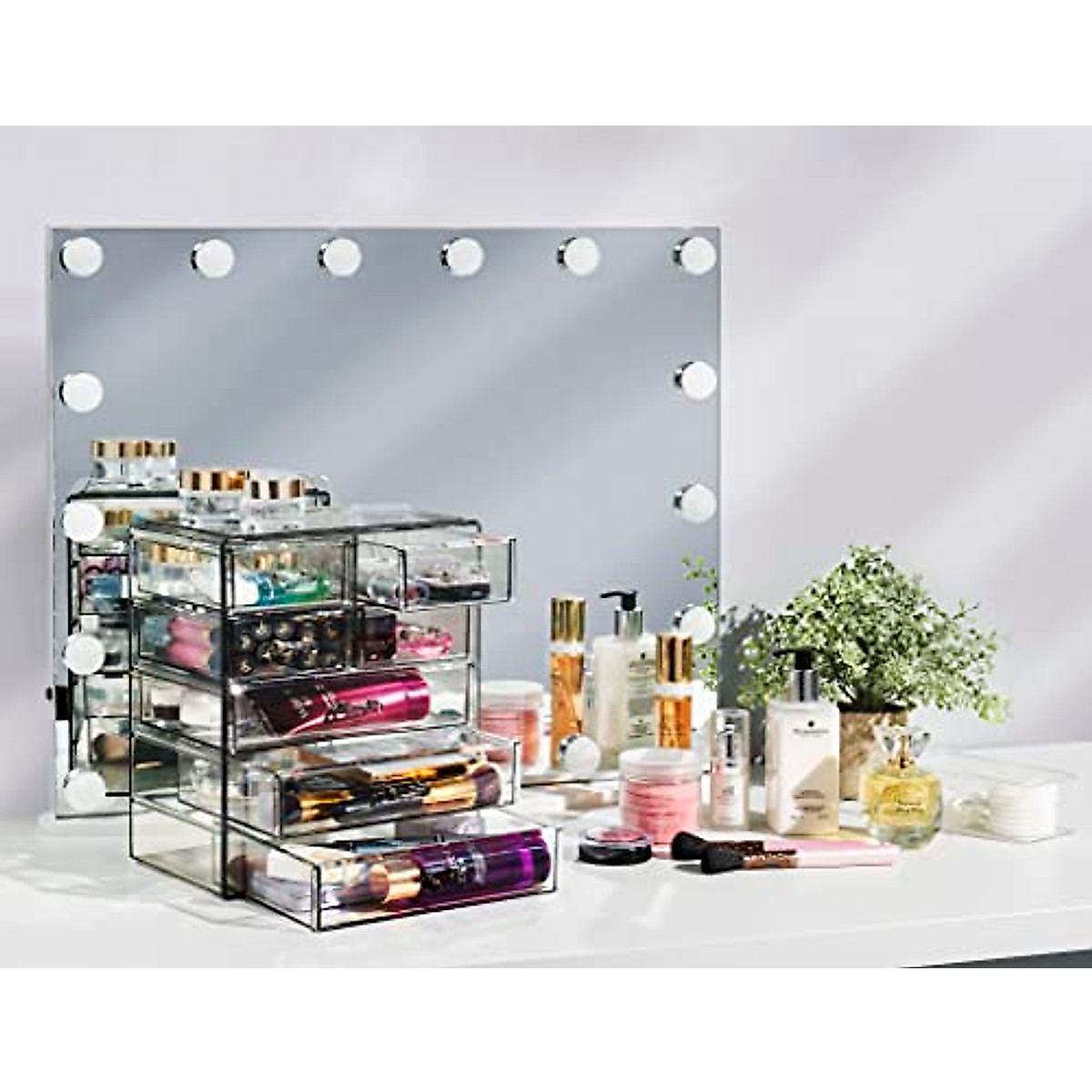 Sorbus Acrylic Clear Makeup Organizer - Big & Spacious Cosmetic Display Case - Stylish Designed Jewelry & Make Up Organizers and Storage for Vanity, Bathroom (3 Large, 4 Small Drawers) [Black Jewel]