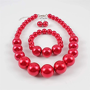 GRACE JUN Bridal Wedding Faux Pearl Statement Necklace and Clip on Earrings Bracelet Jewelry Sets Women Bib Choker Necklace (Red-Necklace+Bracelet+Clip Earrings)