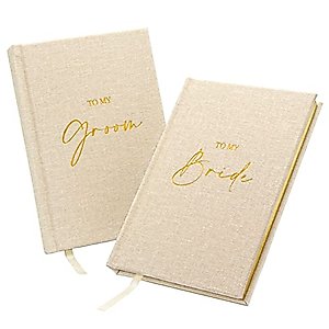 MUUJEE to My Groom and to My Bride Vow Books (Set of 2) - Ivory Canvas Linen Gold Foil Embossed Vows Book Journal for Wedding Ceremony Vow Renewal Valentines Day Gift for Husband Wife