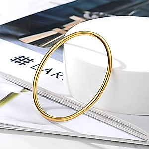 Kainier 3mm 14K Gold Plated Bracelet Stainless Steel Glossy Stackable Thin Round Bangle Bracelet for Women Oval Solid Plain Polished Bracelet Best Gifts for Love