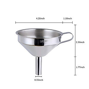 Stainless Steel Wide Mouth Funnels with Detachable Strainer, 5-inch Funnel for Filling Small Bottles and Jars, Cooking Oil and Transmission Liquid and Powder, Food Grade Metal Kitchen Funnels Silver