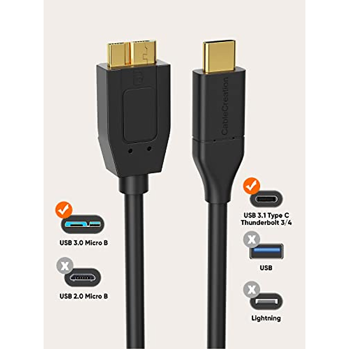 CableCreation USB C Hard Drive Cable 1FT, 10Gbps Data Transfer Speed, USB C to Micro B Male Cable, Compatible with Seagate, WD, Toshiba, Samsung External Hard Drive and More - Black