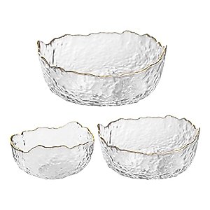OBR KING Glass Salad Bowls Set of 3 Phnom Penh Mixing Bowls Irregular Shape Serving Bowls for Kitchen Prep Fruit Pasta Popcorn and Snack