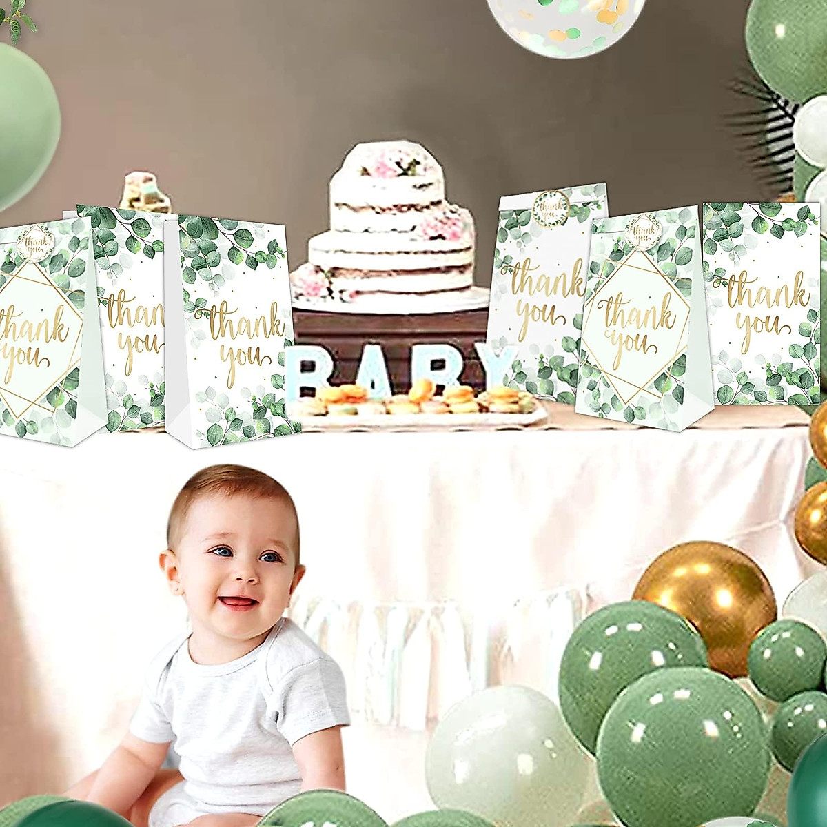 Levfla 24Pack Eucalyptus Greenery Spring Thank You Candy Bags with Stickers Sage Green Goodie Bags Neutral Baby Shower Bridal Shower Gift Paper Sack B-day Party Favor Ideas Decoration