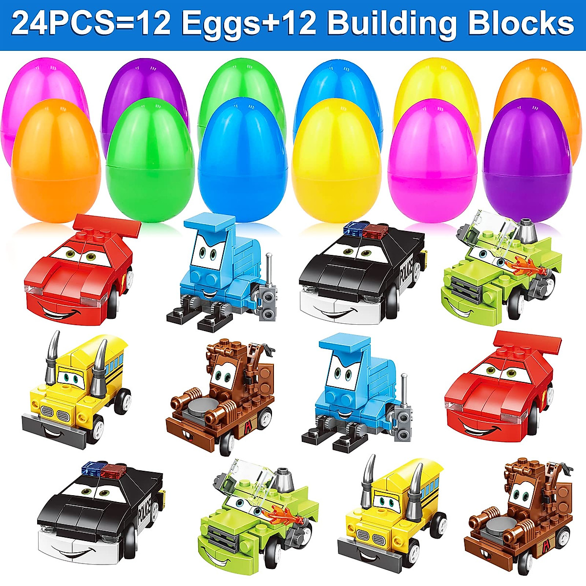 12 Pack 3" Large Filled Easter Eggs with Stem Toy Cars Kids Easter Basket Stuffers Plastic Surprise Egg Building Blocks 6 in 1 Transform Construction Vehicle Easter Toy Boys Girl Egg Hunt