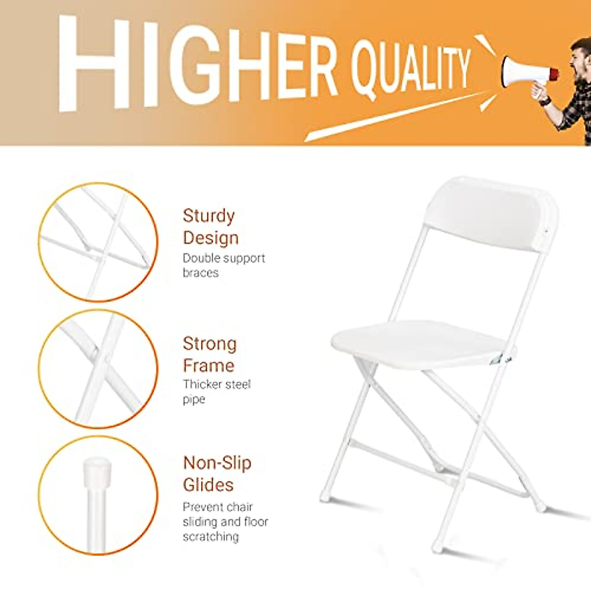 VINGLI 10 Pack White Plastic Folding Chair, Indoor Outdoor Portable Stackable Commercial Seat with Steel Frame 350lb. Capacity for Events Office Wedding Party Picnic Kitchen Dining