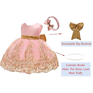 0-6T Big Bowknot Sequins Embroidered Lace Party Tutu Gown Toddler Baby Girls Dress with Headwear Easter Ball Gown Dress Pink 80