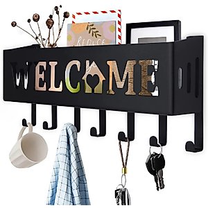 decorelax Key Holder & Rack Welcome Style Design Metal Key Rack with 7 Hooks Mail and Key Organizer Black