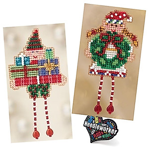 Oli Elf and Holli Elf Beaded Counted Cross Stitch Christmas Ornament Kits Mill Hill Winter Holiday Collection, Plus 'Needleworker' Sticker