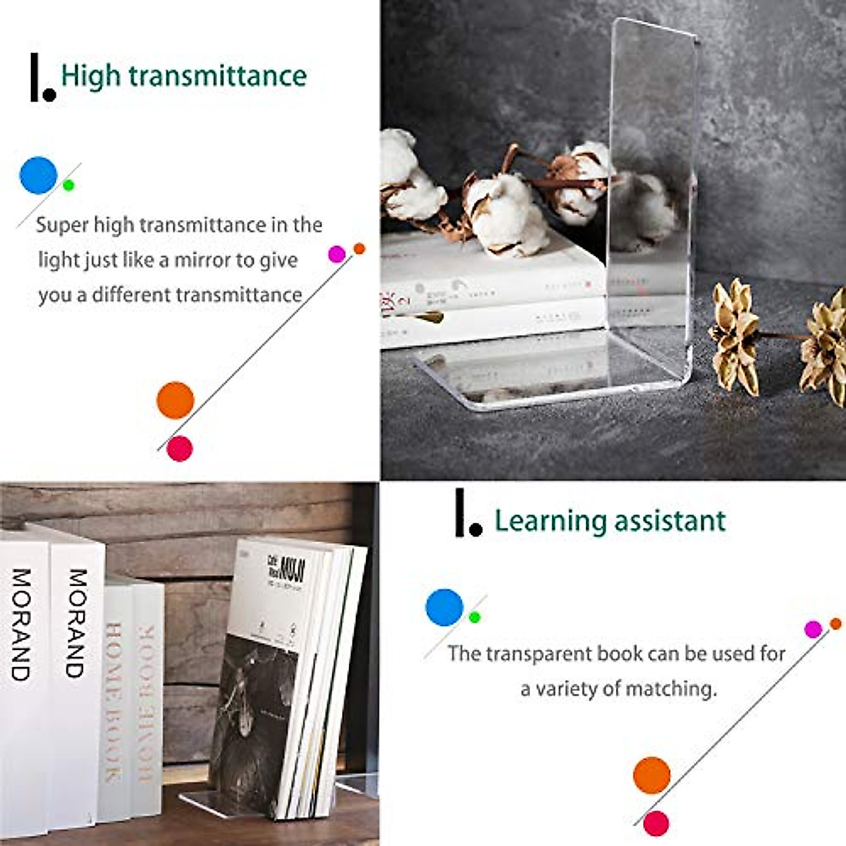 MerryNine Plastic Acrylic Bookends, 6 Pack Clear Acrylic Non Skid Book Ends Organizer Bookshelf Decor Decorative Bedroom Library Office School Supplies Stationery Gift (Plastic Acrylic_3 Pairs)
