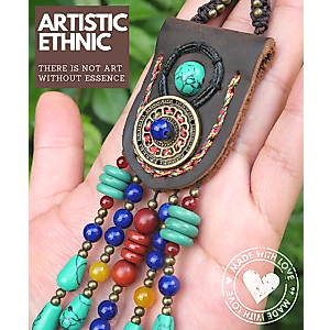 DREMINOVA Turquoise Beads Bohemian Boho Necklace Extra Long Cowboy Western Lethaer Adjustable Statetment Trendy Women’s Jewelry (Artistic Ethnic)