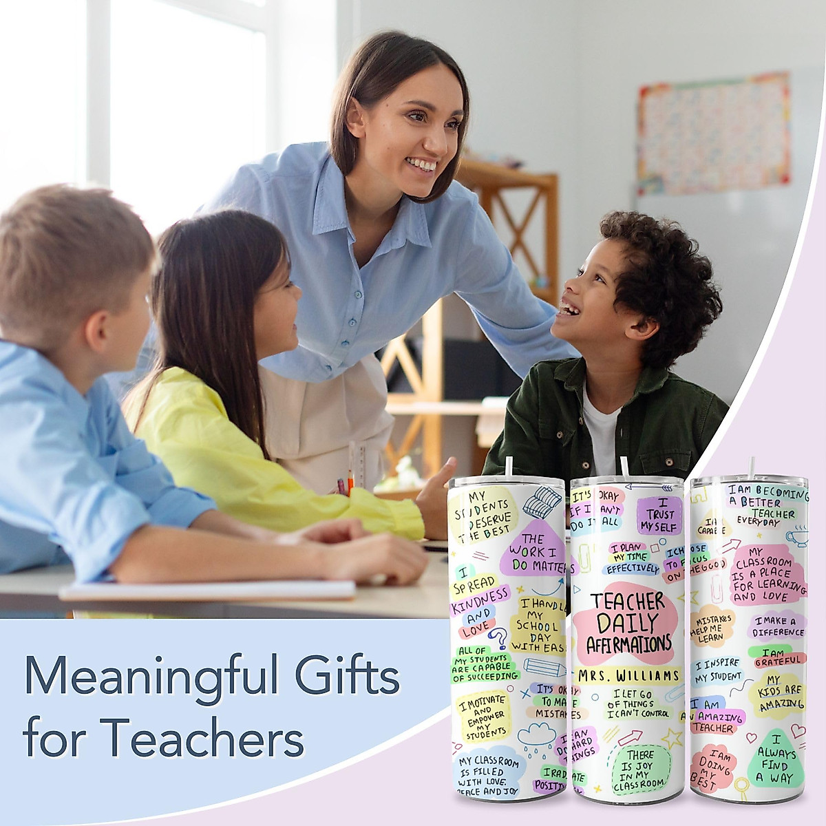 Fleur&Bay Appreciation Gifts for Teacher Daily Affirmations Cup - Personalized Teacher Tumbler With Straw - Daycare Preschool Back to School Gifts Ideas - Customized Travel Coffee Mug 20 oz