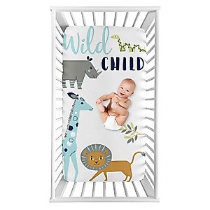 Sweet Jojo Designs Safari Animals Boy Fitted Crib Sheet Baby or Toddler Bed Nursery Photo Op - Turquoise and Navy Blue Mod Jungle Lion Giraffe