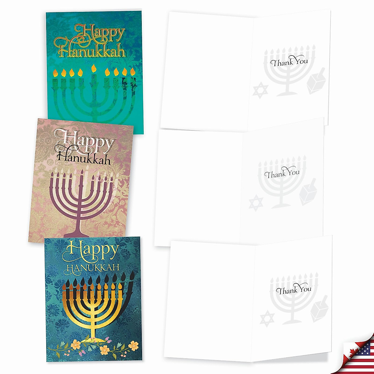 The Best Card Company - 10 Assorted Chanukah Thank You Notecards Bulk Box Set 4 x 5.12 Inch with Envelopes (10 Designs, 1 Each) Jewish Holiday Cards Hanukkah Lights AM6140HYG-B1x10