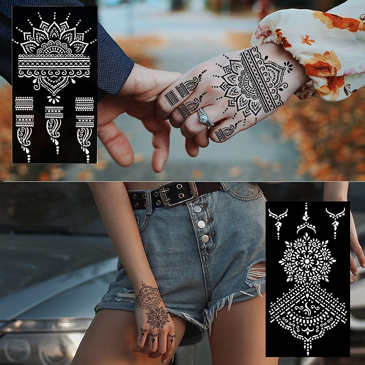 QSTOHENA Pack of 12 Henna Temporary Tattoo Stencil Kit - 145Pcs Glitter Airbrush Tattoo Sticker Indian Arabian Black Henna Tattoo Temp for Women Kids