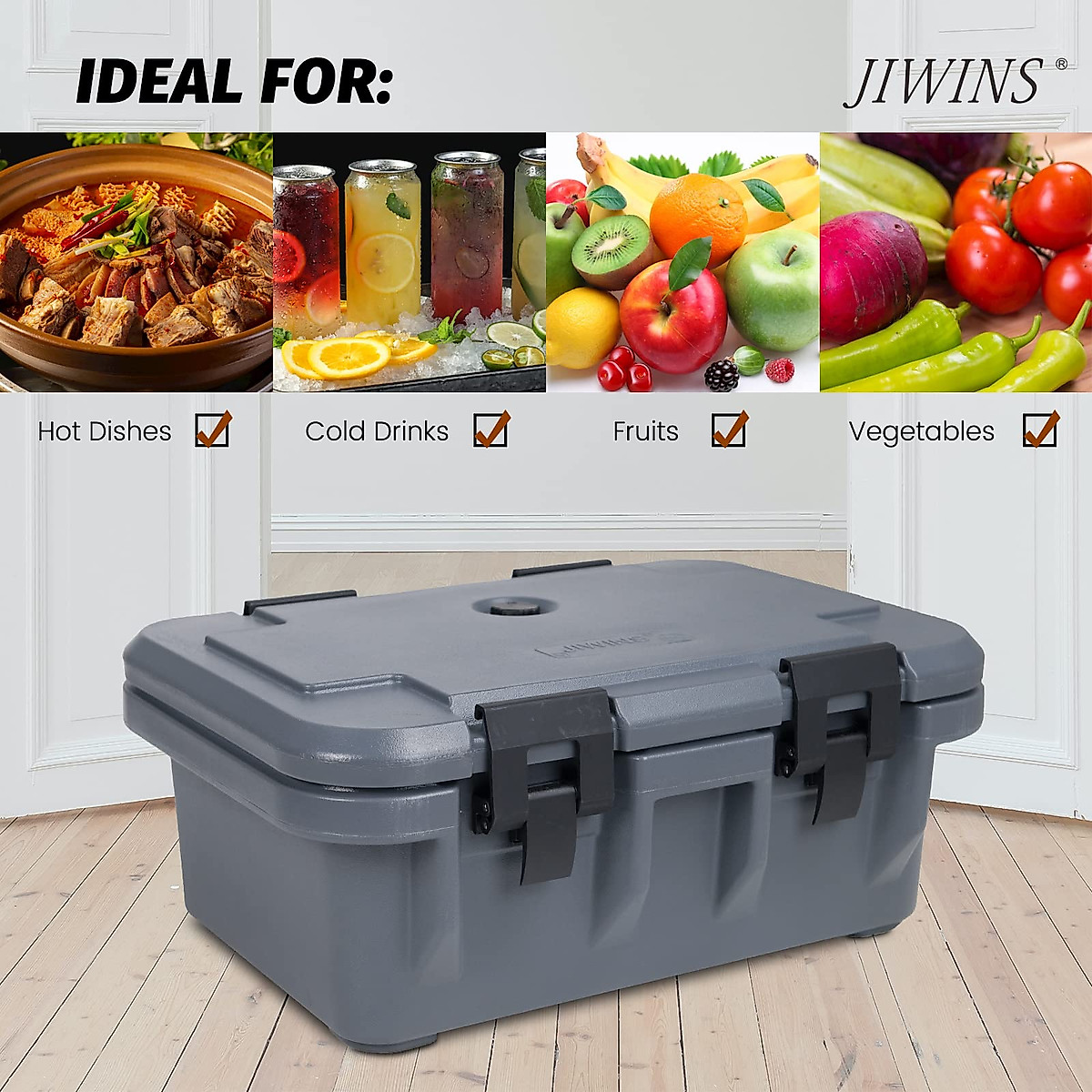 Jiwins Insulated Food Pan Carrier, Top Loader Pan Carrier, Stackable, for Restaurant Canteen, Gray, Suitable for 6" Deep Pans