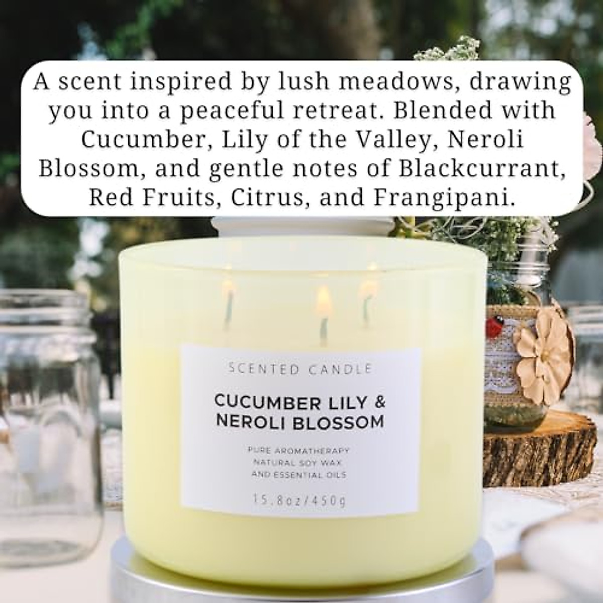 Cucumber, Lily of The Valley & Neroli Blossom Luxury 3-Wick Candle | Large Scented Candles for Home 15.8 oz | Relaxing Aromatherapy Stress Relief Candles | Natural Soy Candles for Women & Men