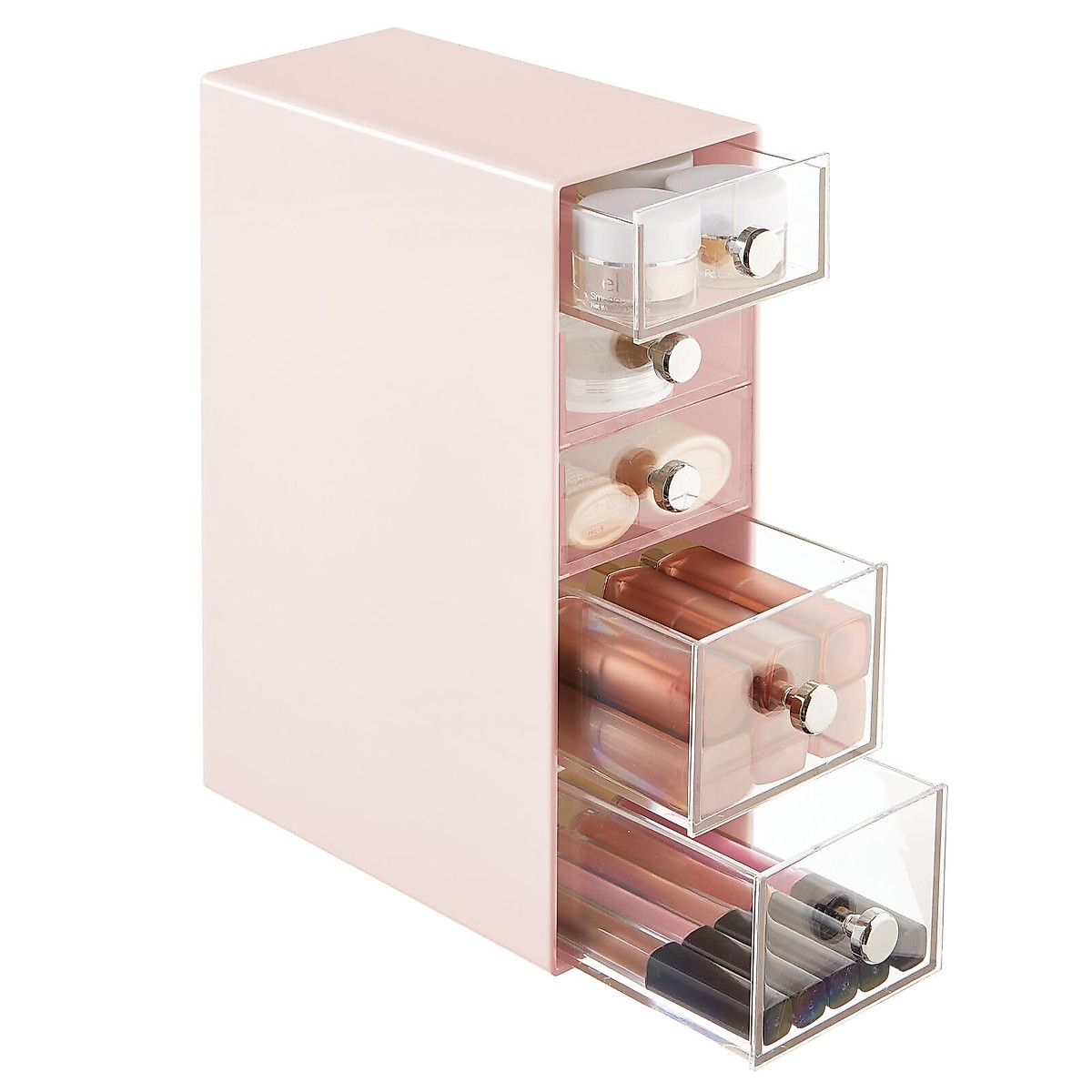mDesign Plastic 5-Drawer Organizer for Makeup Storage - 5-Tier Storage Organizer - Stackable Organization with Pull-Out Drawers for Bathroom, Vanity, or Desk - Lumiere Collection, Light Pink/Clear