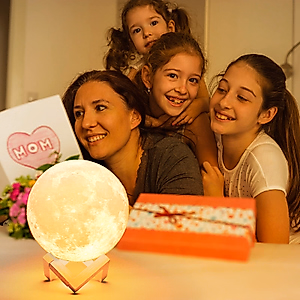 Mydethun 3D Moon Lamp with 5.9 Inch Wooden Base - Christmas Day Gift, LED Night Light, Mood Lighting with Touch Control Brightness for Home Décor, Bedroom, Women Kids Moonlight - White & Yellow