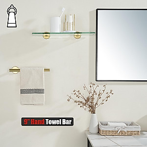 JQK Hand Towel Holder Towel Ring Gold, Thicken 0.8mm 304 Stainless Steel Bathroom Hand Towel Bar, 9 Inch Wall Mount Towel Rack Hanger, Brushed Gold, THH110L9-BG