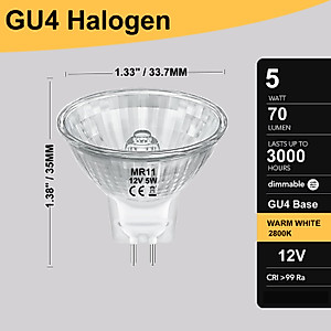 Nioclerce GU4 MR11 5W 12V - 6 Pack MR11 Halogen Bulb with GU4 Base, Dimmable MR11 Bulb 2800k Warm White, Long Lasting MR11 12V 5W Bulb for Accent, Track Lights, Precision Halogen Fiber Optic Bulb