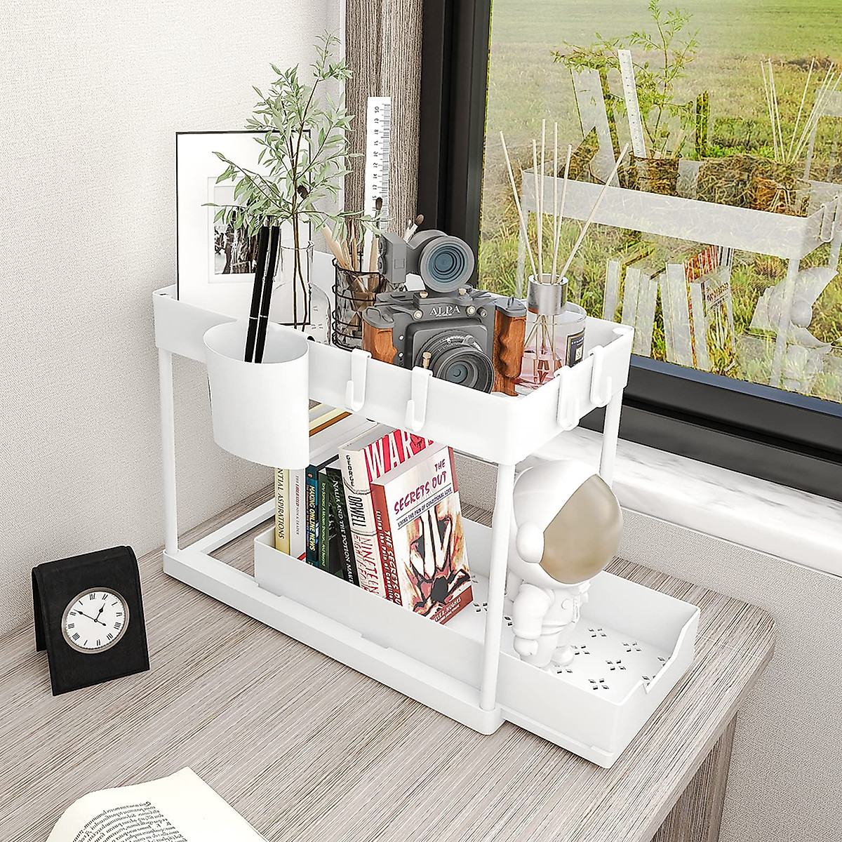 Usbalano 2-Tier Under Sink Organizer, Sliding Under Bathroom Cabinet Storage Drawer Organizer with Hooks, Hanging Cup, Multi-purpose Under Sink Shelf Organizer, White