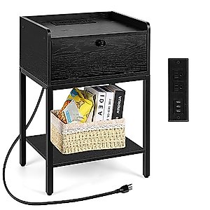 Vrisa End Table with Charging Station Night Stand with Flip Drawer Storage Black BedsideTable with USB Ports & Outlets, 3-Tier Nightstand Side Table for Bedroom, Living Room, Small Space