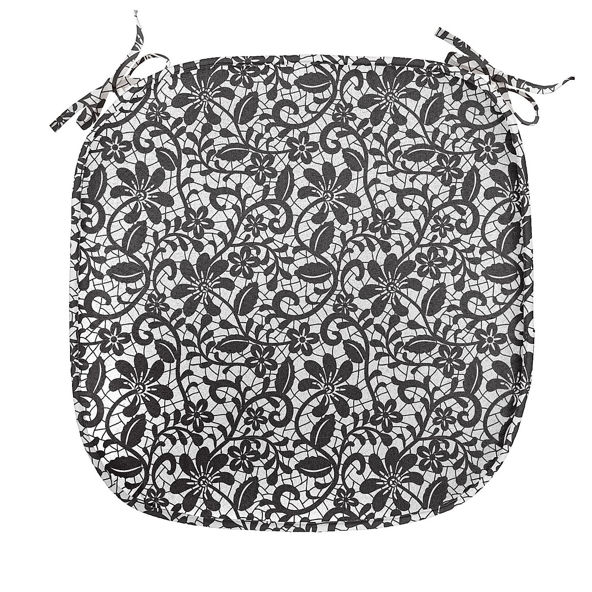 Lunarable Fractal Chair Seating Cushion Set of 2, Ceramic Mosaic Style Baroque Floral Design with Minimalist Effects Art, Seat Pads for Office with Anti-Slip Backing, 16"x16", Black and White