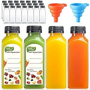 24 PACK, 12 OZ Reusable Plastic Juice Bottles with Caps, Plus 24 Labels & 2 Silicone Funnels - Clear Juicing Bottles for Juice, Smoothies, Ginger, Tea, Coffee - Food Grade & Leakproof Travel Bottles
