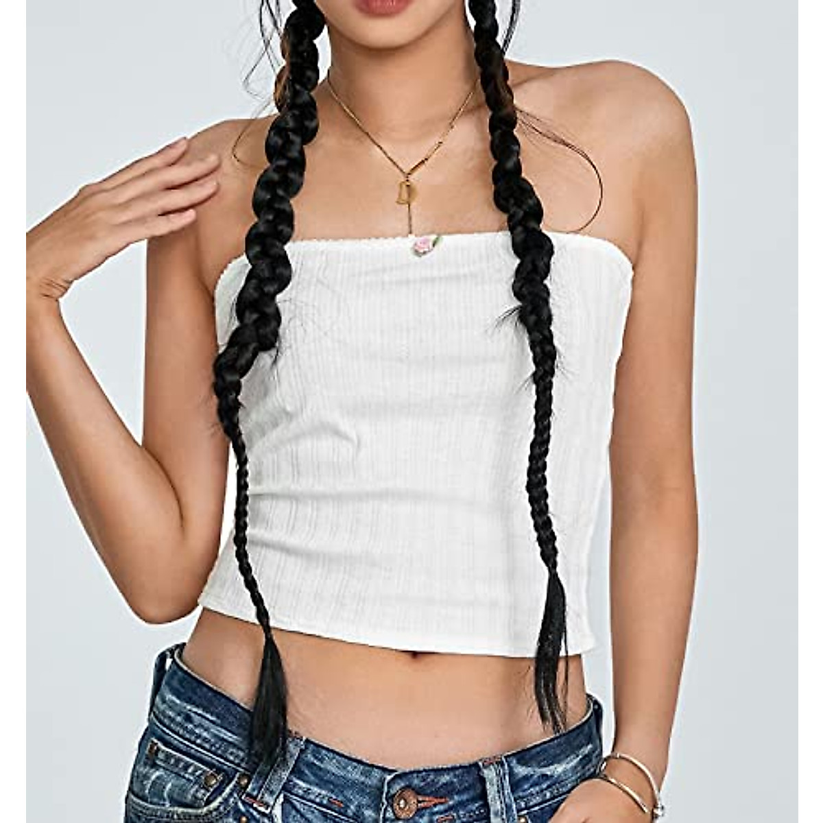 Women Lace Trim Strapless Tube Top Y2k Off Shoulder Backless Bandeau Top Knitted Aesthetic Crop Tank Top (B White,Small)