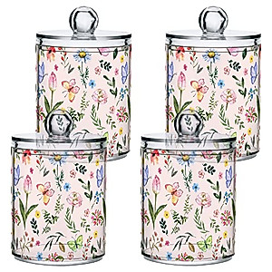 MNSRUU 2 Pack Qtip Holder Organizer Dispenser Spring Wildflowers and Leaf Bathroom Storage Canister Cotton Ball Holder Bathroom Containers for Cotton Swabs/Pads/Floss