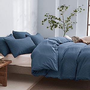 JELLYMONI Blue Duvet Cover Twin Size - 3 Pieces Soft and Breathable Microfiber Knitted Jacquard Waffle Weave Striped Comforter Cover with 8 Corner Ties & Zipper Closure