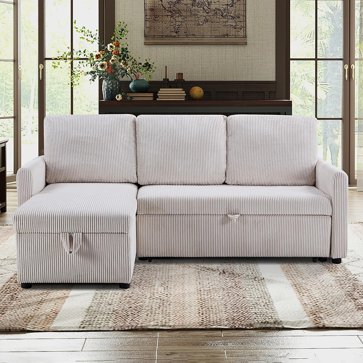 EBELLO 3 in 1 Convertible Sleeper Sofa Bed, Soft Corduroy L-Shaped Couches for Living Room, Small Pull Out Sectional Futon Sofa Bed with Storage Chaise and 2 Pillows, for Small Space Apartment, Beige