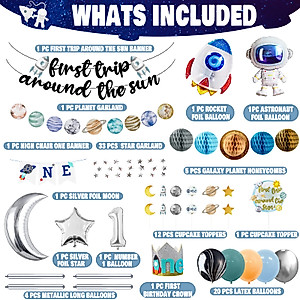 First Trip Around The Sun Birthday Party Decoration Pack, 1st Baby Shower Birthday Party Supplies Include Banner, Star Garland, High Chair ONE Banner, Cake Toppers, Latex and Foil Balloons, Felt Hat