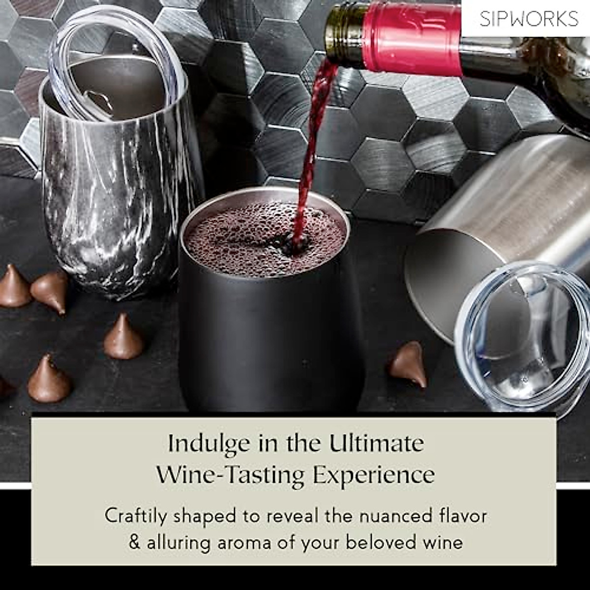 Sipworks Wine Tumbler with Lid - 12 oz Stainless Steel Tumblers with Removable Lid & Double Walled Vacuum Insulation - Leakproof, Shatterproof Insulated Wine Tumbler for Travel - Rose Gold