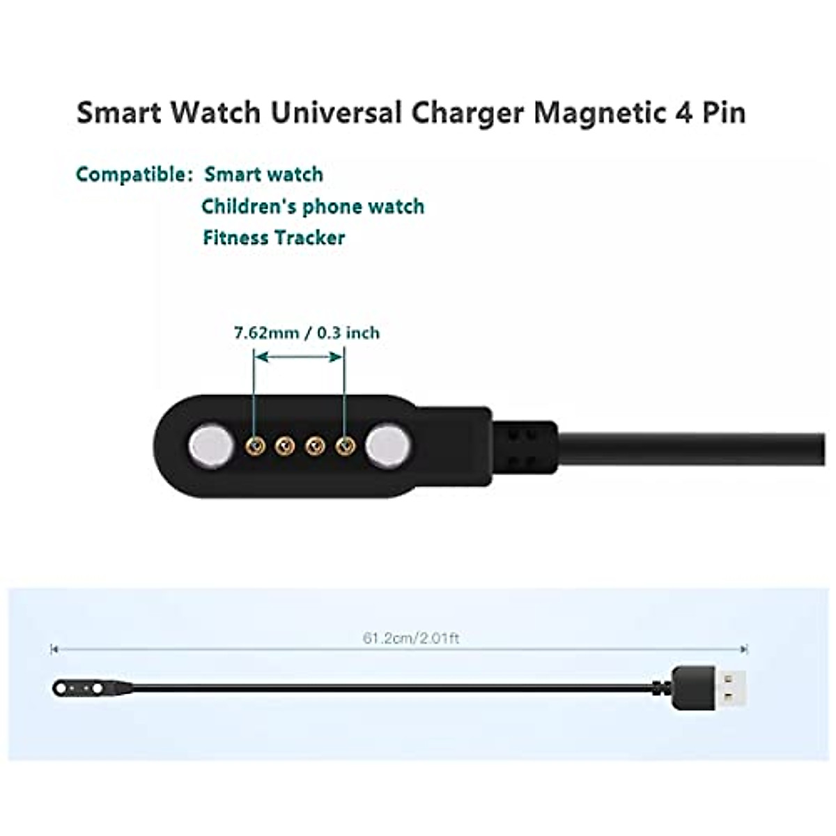 Aliwisdom Smart Watch Universal Charger Magnetic, Smartwatch Accessories 4 Pin Magnetic Suction Replacement Charger for Smart Watch/Fitness Tracker, Cable Contact pin spacing Compatible 7.62mm