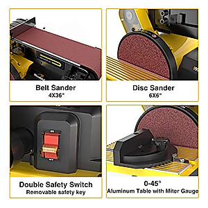 Woodskil 4.3A Belt Sander, 4 x 36 in. Belt & 6 in. Disc Sander, Double Dust Exhaust Port, Steel Base, 2Pcs Sandpapers Included