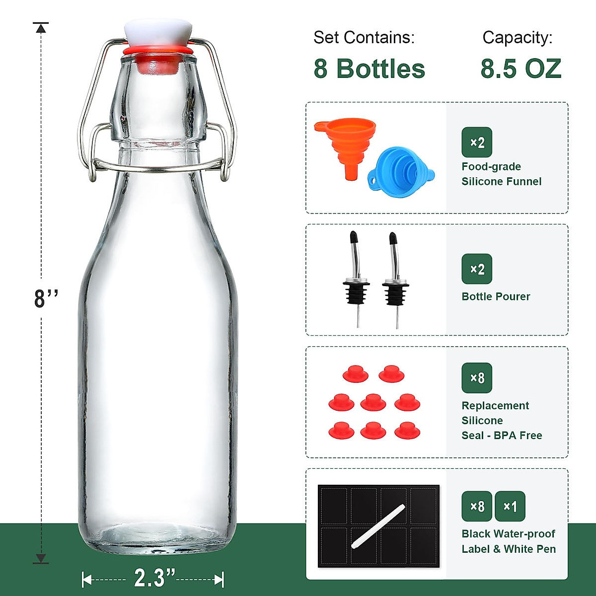 AOZITA 8-Pack 8.5oz Flip Top Glass Bottles, Swing Top Beer Brewing Bottle for 2nd Fermentation, Kombucha, Kefir, Vanilla Extract, Coquito, Juice, Tea - Airtight Stopper Cap Lid, Bonus 2 Bottle Pourers
