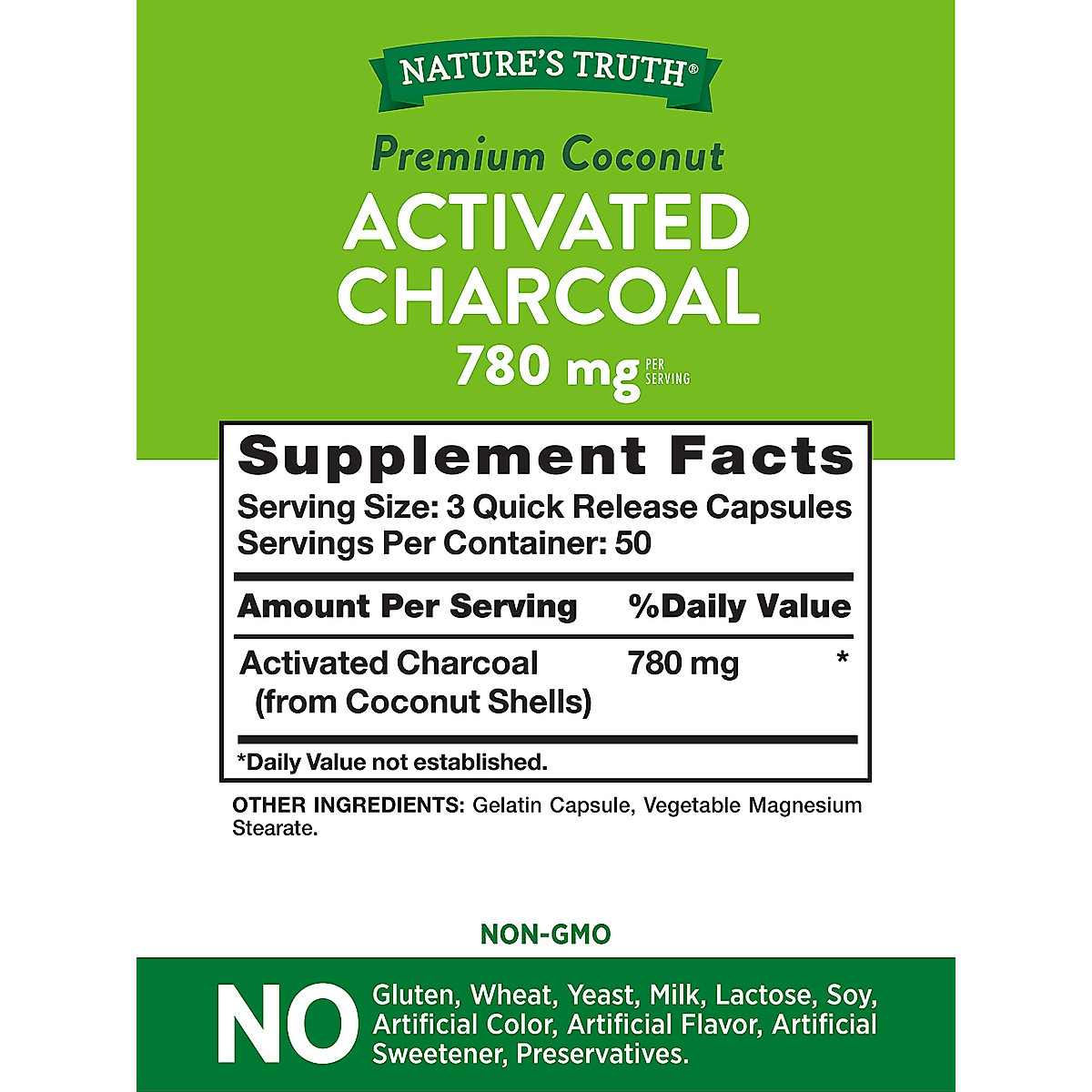 Nature's Truth Activated Charcoal Capsules 780mg | 150 Pills | Value Size | Non-GMO, Gluten Free Pills