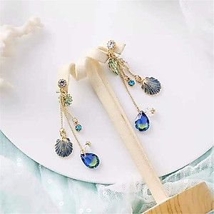 DAMLENG Sparkly Bohemia Long Tassel Blue Ocean Shell Dangle Earrings Shine Rhinestone Scallop Beach Earrings for Women Charm Statement Colorful Crystal Jewelry (Blue)