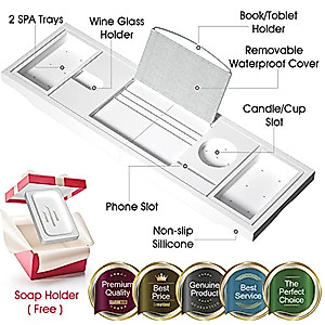 Artmalle Luxury Bathtub Caddy Tray - Bamboo Expandable Bath Tray for Tub with Book Stand, Foldable Bath Table Tray, Tub Shelf for Bathtub for Adults, Home Spa and Gift Choice, White