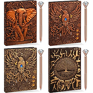 4 Sets Embossed Leather Journal Writing Notebooks with Diamond Pens, Antique Handmade Vintage Travel Diary Daily Sketchbook, 3D Phoenix Elephant Life Tree Pattern A5 Notepad Present for Women Men