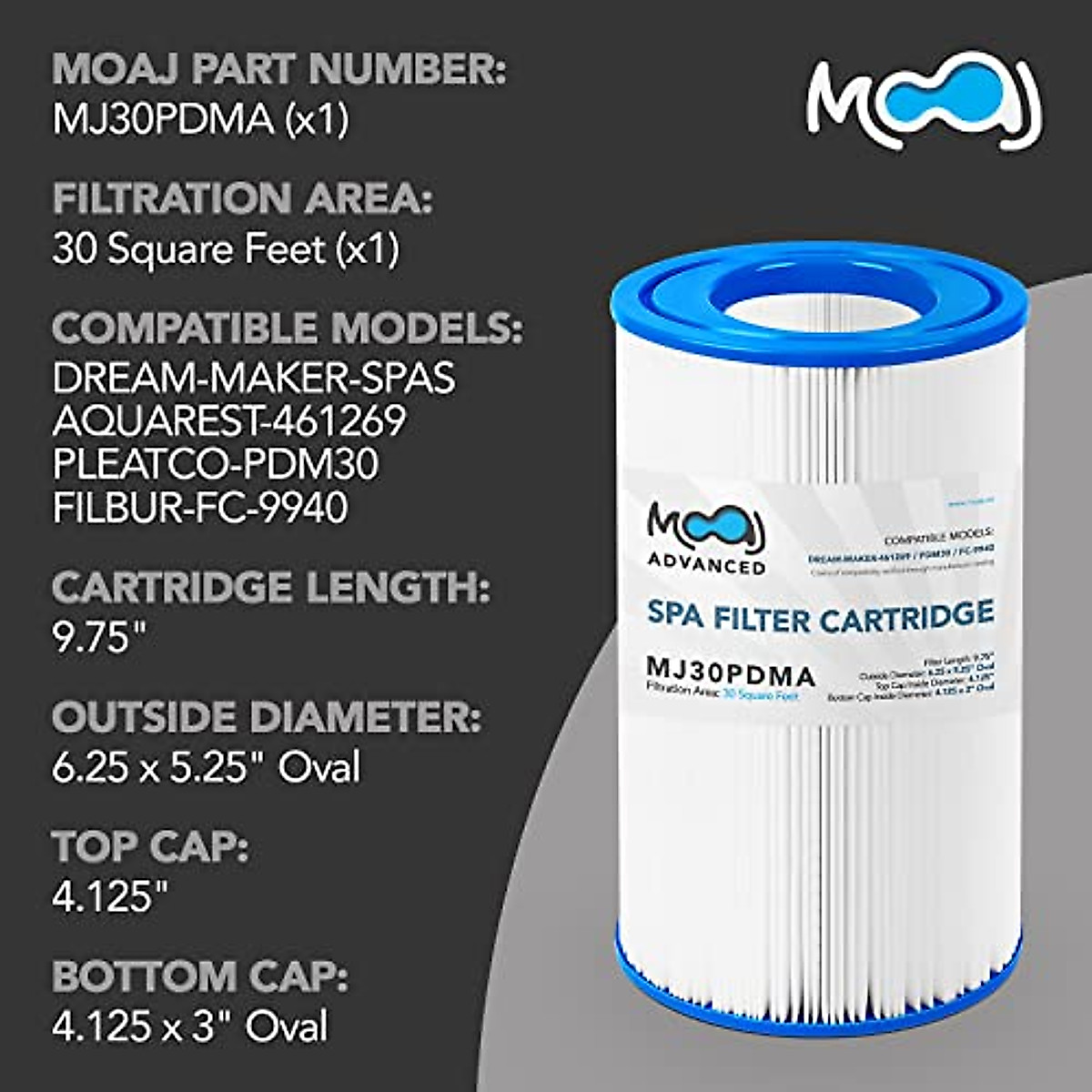 MOAJ Advanced Spa Filter Replaces PDM30, Aquarest Spas 461269, Filbur FC-9940, ClearChoice CCP426, P61269, 461272, Dream Maker Spas | 9.75" x 6.25 x 5.25 Oval | 30 SQ FT | Washable | Based in USA