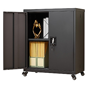 GREATMEET Metal Storage Cabinet with Wheels, Locking Cabinet with Doors and Shelf, Metal Cabinet for Tool Storage, Lockable Metal Cabinet Easy Assembled for Garage, Office, Utility Room