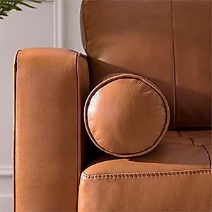 MAKLAINE 88" Top Grain Genuine Leather Tufted 3 Seater Sofa with Bolster Pillows, Mid Century Modern Lawson Style Couch with Excellent Craftsmanship, Camel Brown